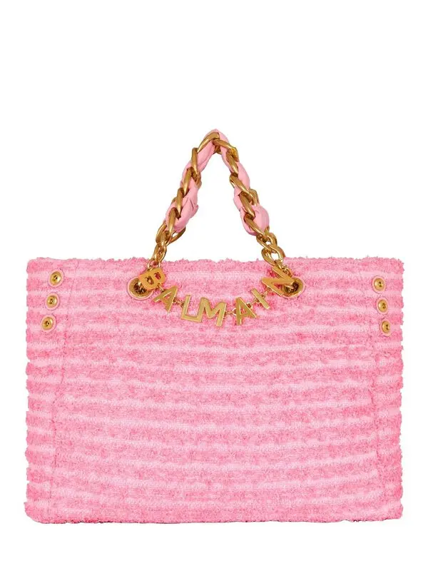 Balmain 1945 Soft Tote In Tweed-effect Raffia - Pink