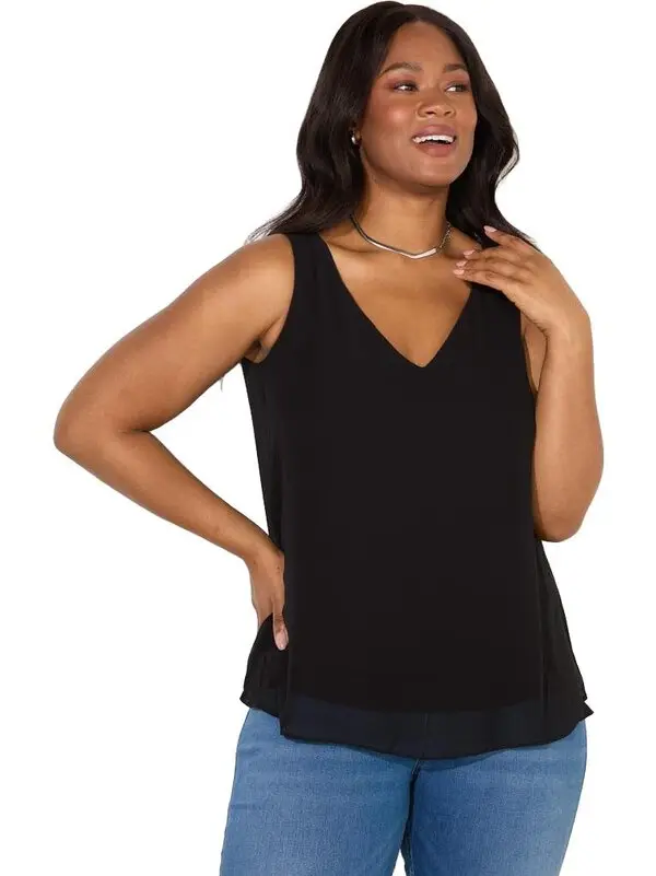 LIVE UNLIMITED Chiffon V-neck Swing Vest - Black