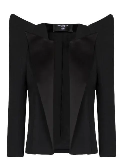 Balmain Cropped Grain De Poudre Jacket With Structured Shoulders - Black