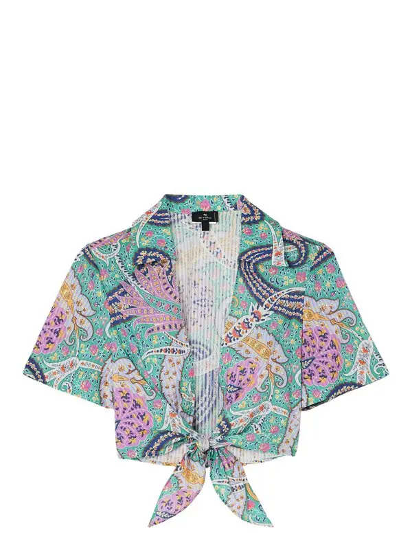 Etro Knotted Cropped Cotton And Silk-blend Voile Shirt - Blue