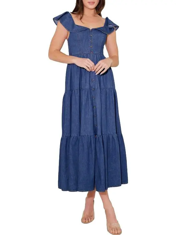 FREEMARKET Chambray Flutter Sleeve Maxi Dress - Denim Blue