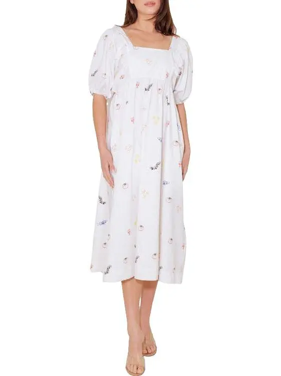 FREEMARKET Printed Puff Sleeve Midi Dress - White