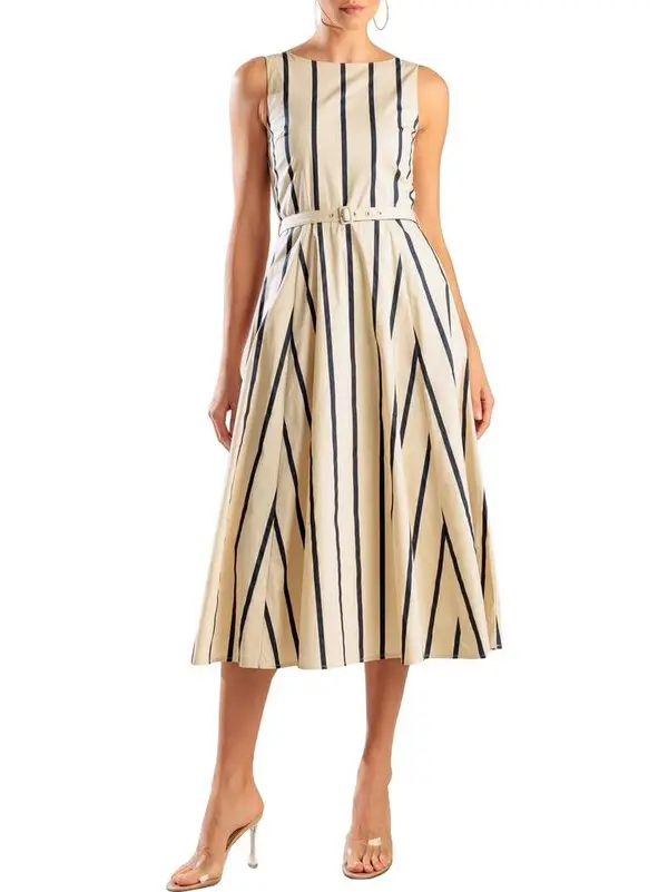 FREEMARKET Striped Sleeveless Belted Cotton Midi Dress - Ecru/ Navy