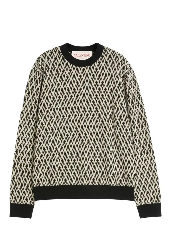 Valentino Garavani Patterned Intarsia Knit Sweater - Toute La V Navy/crema