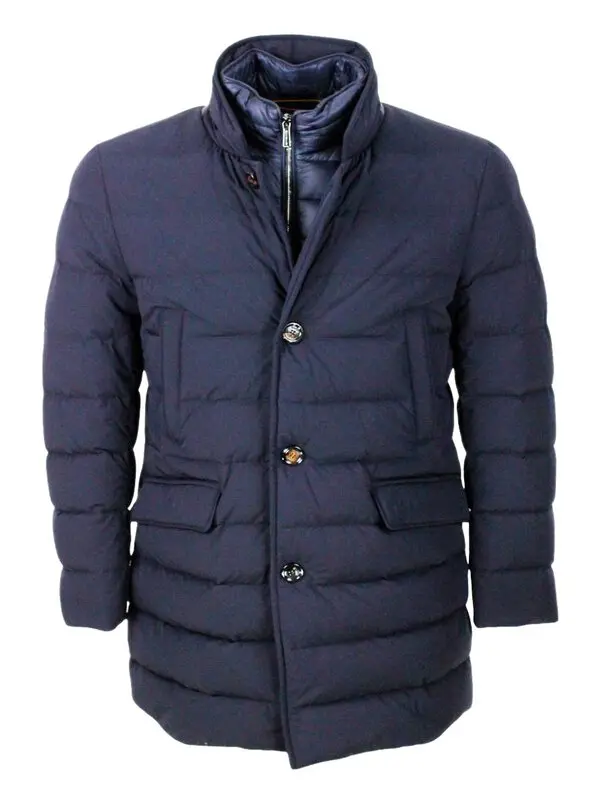 MOORER Quilted Goose Down Coat - Dark Blu