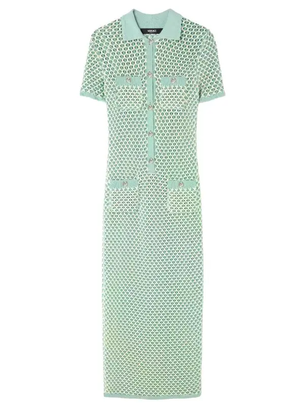 Versace Crochet Knit Polo Maxi Dress - Green
