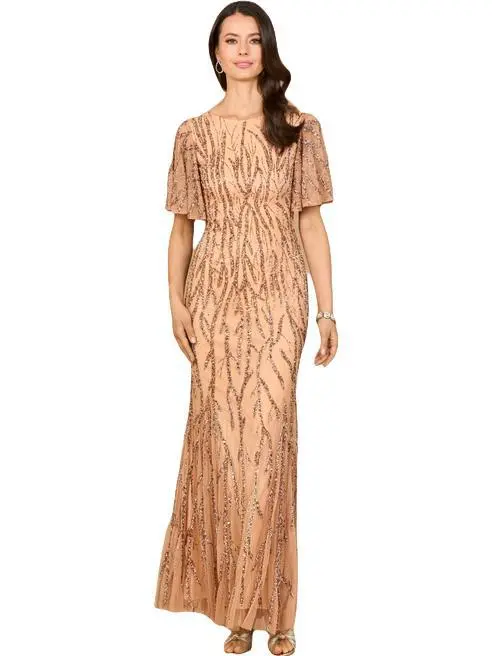 LARA NEW YORK Beaded Gown With Flutter Sleeves - Light Pink