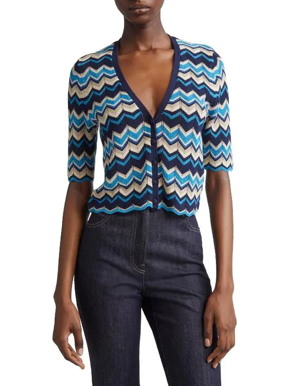 Ramy Brook Alec Chevron Metallic Stripe Cotton Blend Cardigan - Spring Navy Chevron