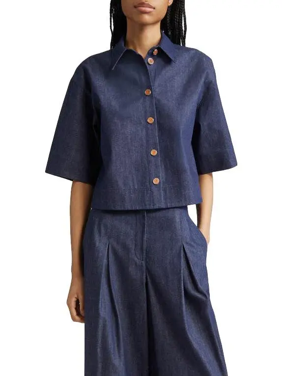 Lafayette 148 New York Lightweight Denim Crop Shirt - Indigo