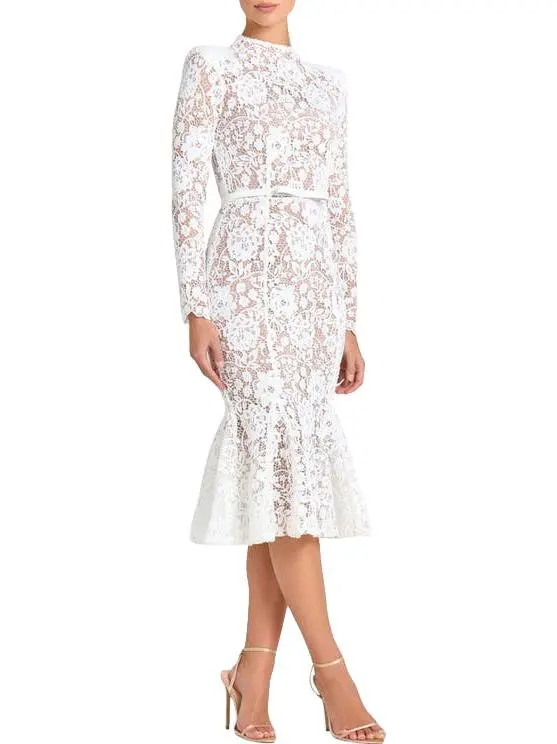 NADINE MERABI Juliette Long Sleeve Lace Cocktail Dress - White