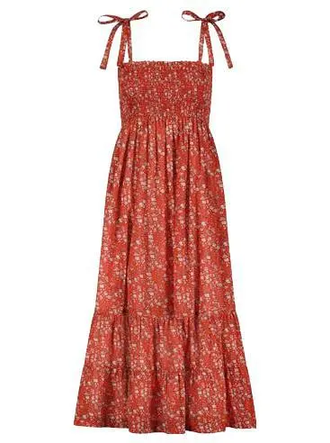 Busy Bees Smocked Shoulder Tie Maxi Dress - Red Floral