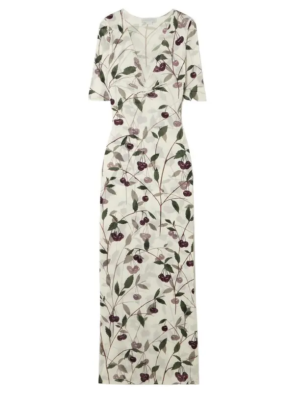 Stella McCartney Ruched Printed Mesh Midi Dress - White