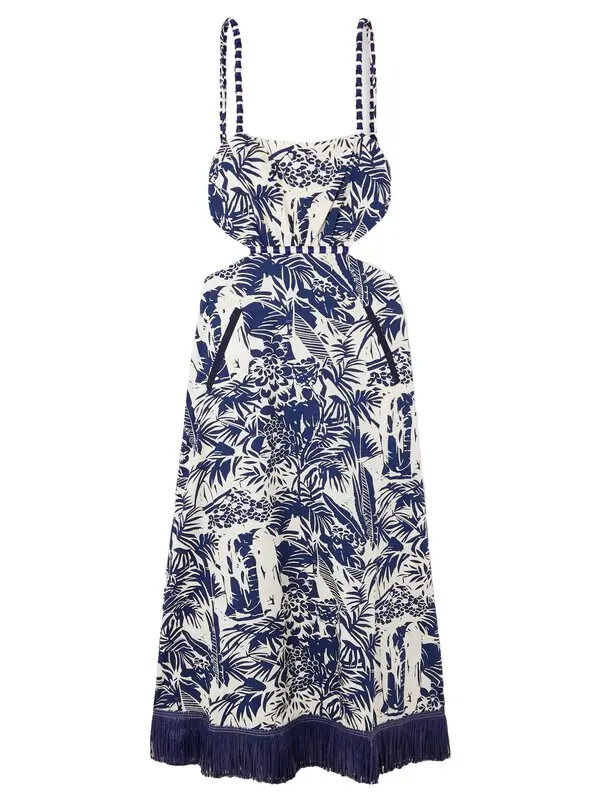 Johanna Ortiz Harmony Fringed Embellished Printed Midi Dress - Blue