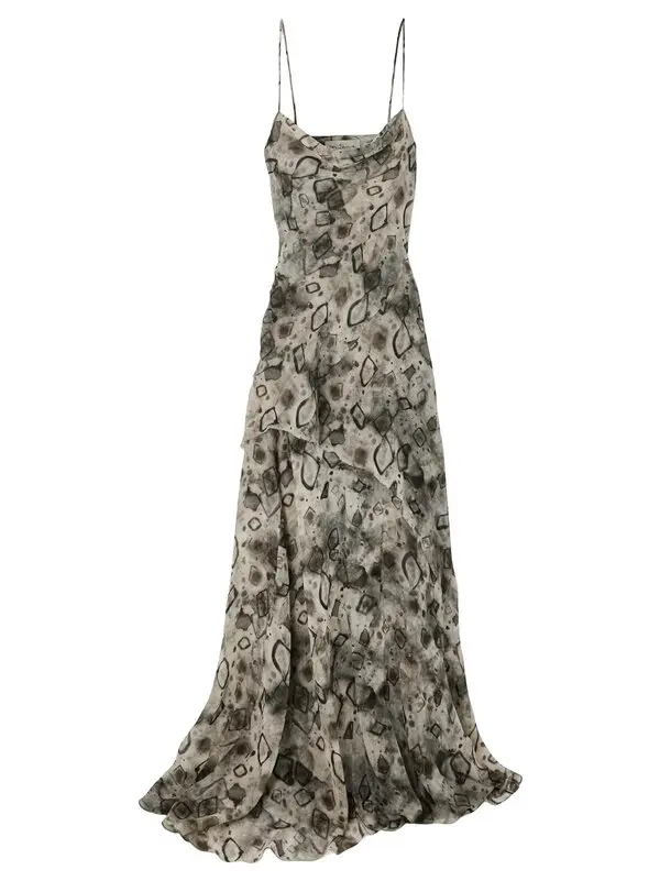 CORTANA Meena Draped Frayed Printed Silk-georgette Maxi Dress - Gray
