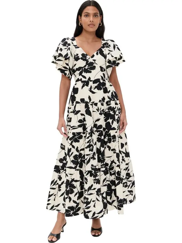 English Factory Printed Maxi Dress With Bubble Sleeves - White/black