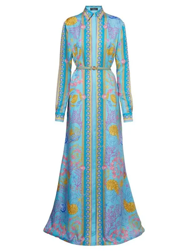Versace Underwater Barocco Silk Twill Maxi Dress - Blue