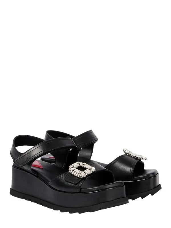 ROGER VIVIER Embellished Leather Wedge Sandals - Black