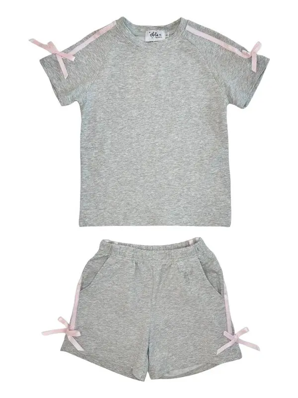 LOLA + THE BOYS Sporty Bow Short Set - Grey