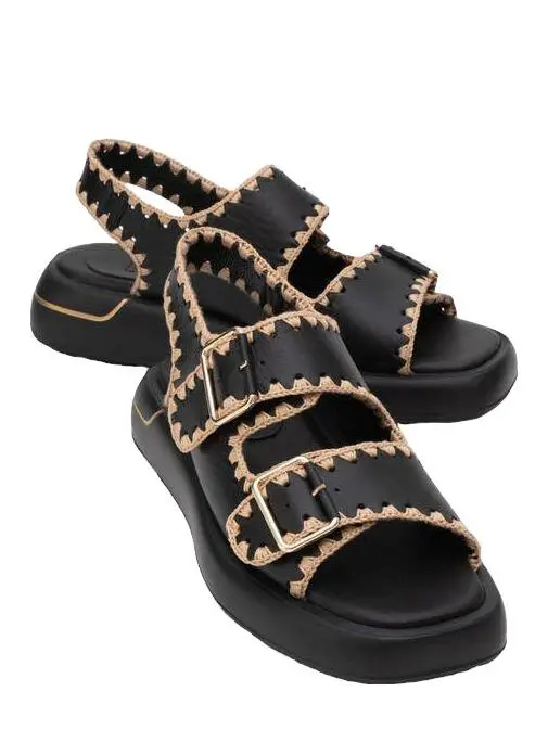 FOREVER & ALWAYS SHOES Douro Braided Rope Strap Leather Sandals - Black Leather