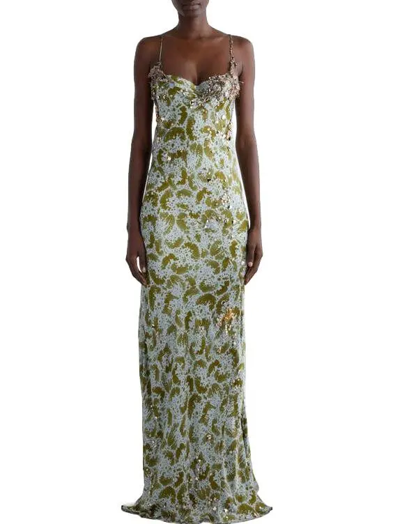 Dries Van Noten Deryl Orchid Petal Print Embellished Silk Column Gown - Khaki