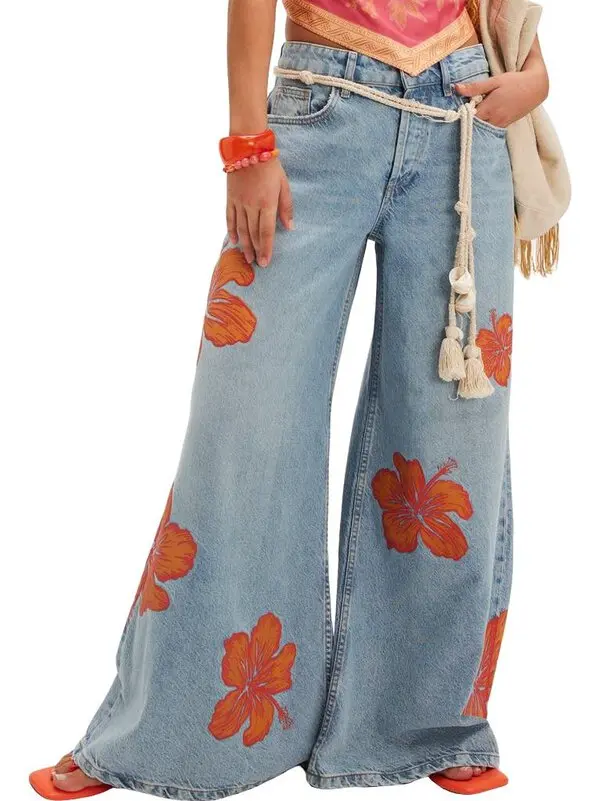 Free People Palisades Wide Leg Jeans - Flower Power