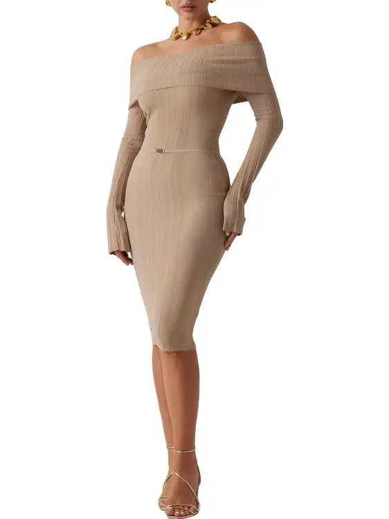 MARCIANO Giada Off-the-shoulder Ribbed Body-con Dress - Brown