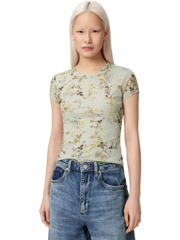 ALLSAINTS Ellie Mesh Floral Print T-shirt - Carmel Stem Green