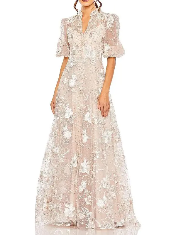 Mac Duggal Queen Anne Puff Sleeve A-line Gown With Floral Embroidery And Gemstone Accents - Blush