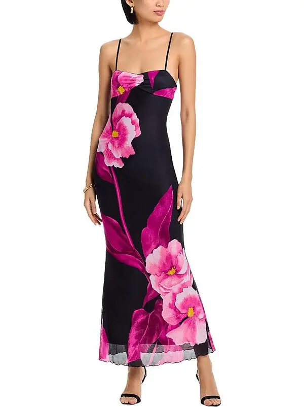 Aqua Floral Mesh Maxi Dress - Black/pink