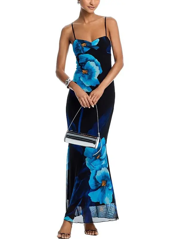 Aqua Floral Mesh Maxi Dress - Blue Floral
