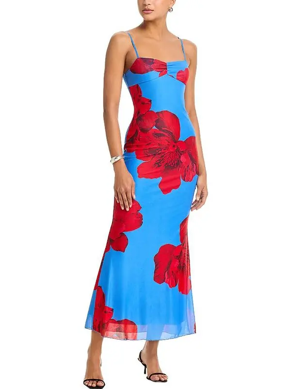 Aqua Floral Mesh Maxi Dress - Blue/red