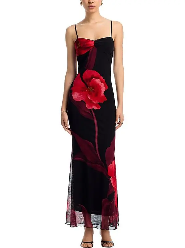 Aqua Floral Mesh Maxi Dress - Red Floral
