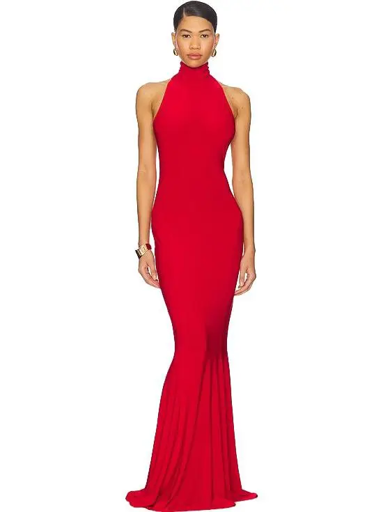 Norma Kamali Halter Turtle Fishtail Gown - Tiger Red