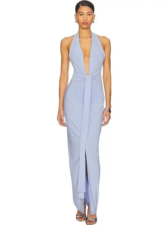 Norma Kamali Tie Front Halter Gown - Celestial Blue