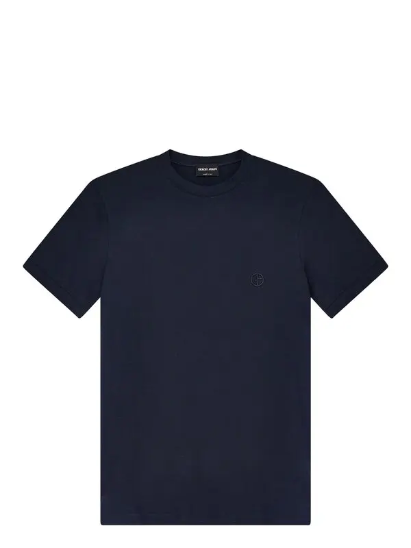 Giorgio Armani Asv Stretch Viscose Jersey Jumper With Crew Neck And Short Sleeves - Navy Blue