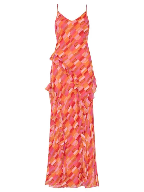 MILLY Sunset Tile Ruffle Maxi Dress - Pink