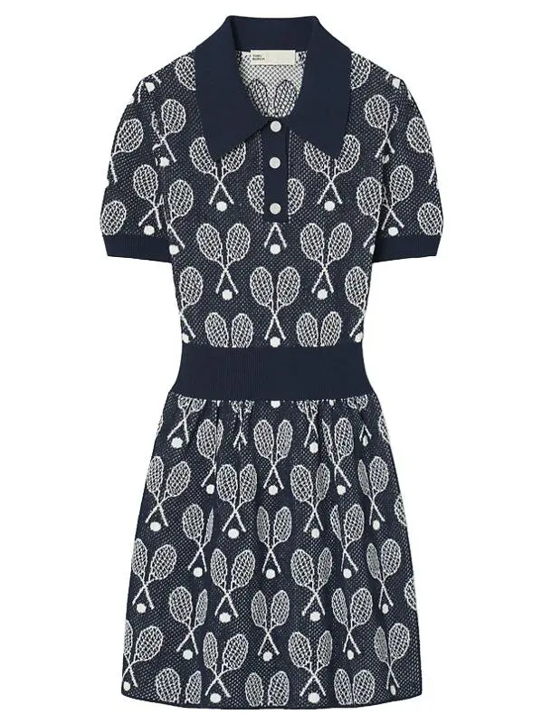 Tory Burch Racquet Mesh Fit And Flare Dress - Tory Navy/new Ivory