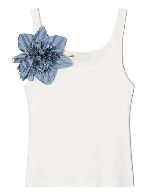 Tory Burch Tank Top With Flower Pin - White/misty Blue