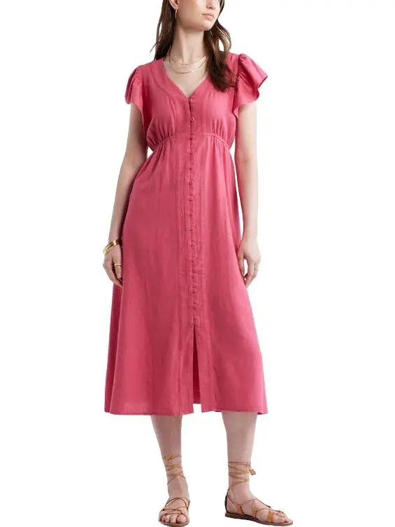 Treasure & Bond Short Sleeve Button Down Linen Blend Midi Dress - Pink Carmine
