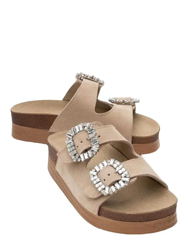 FOREVER & ALWAYS SHOES Polacca Leather Slide Sandal - Beige Suede Leather