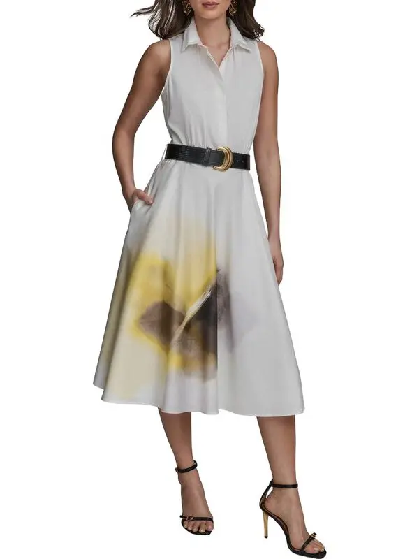 Donna Karan New York Print Belted Maxi Shirt Dress - White Panna Cotta