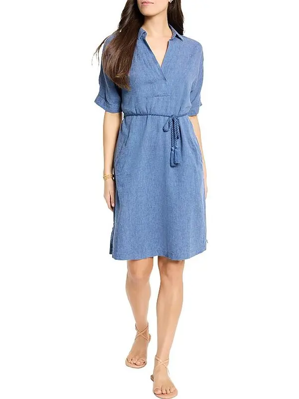 NIC+ZOE Linen-blend Belted Shirt Dress - Blue Mix