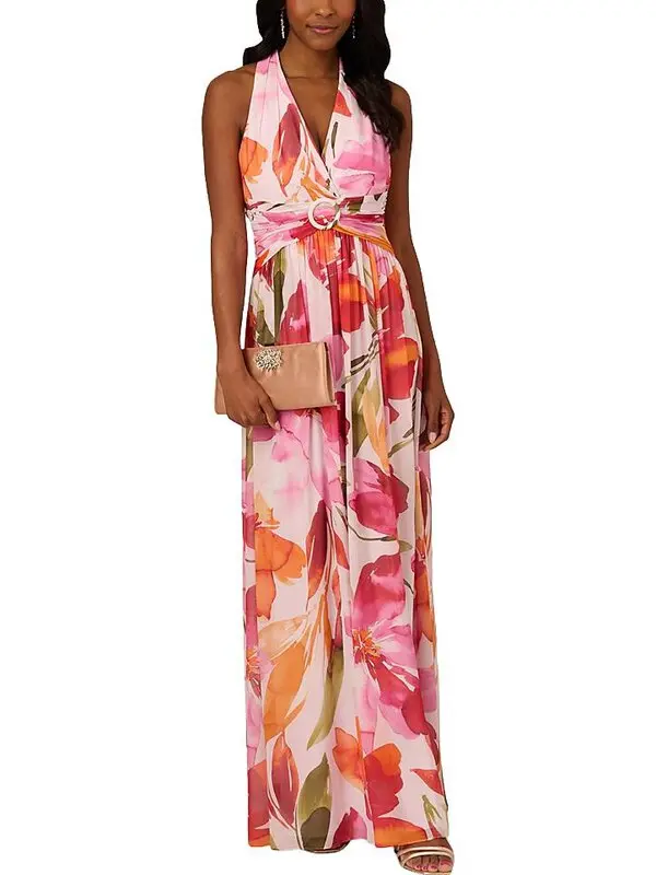 Adrianna Papell Floral Print Chiffon Gown - Pink Orange