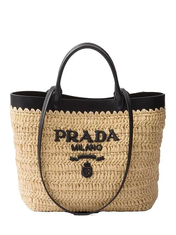 Prada Small Crochet And Leather Tote Bag - Tan/black