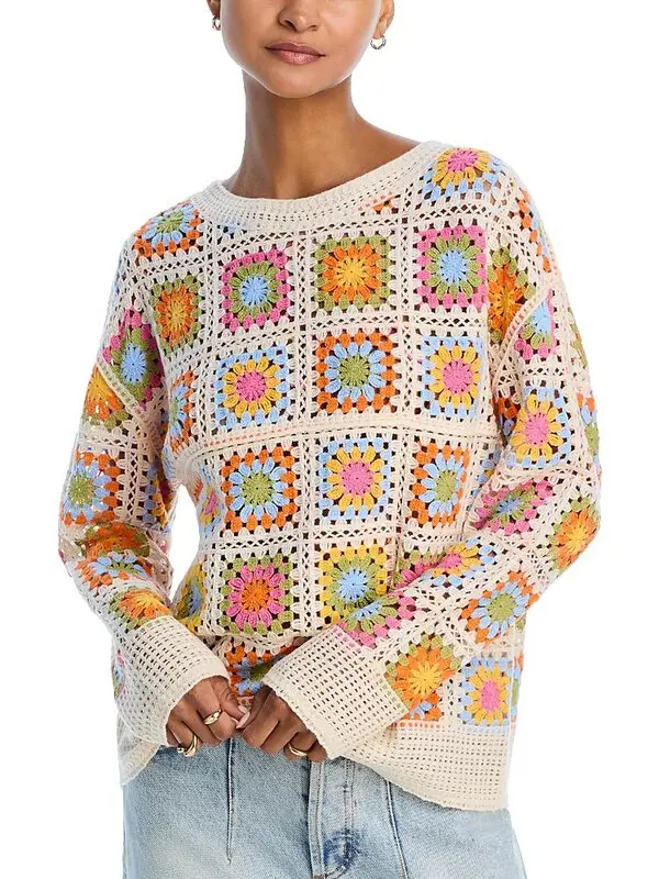 Aqua Patchwork Crochet Sweater - Rainbow