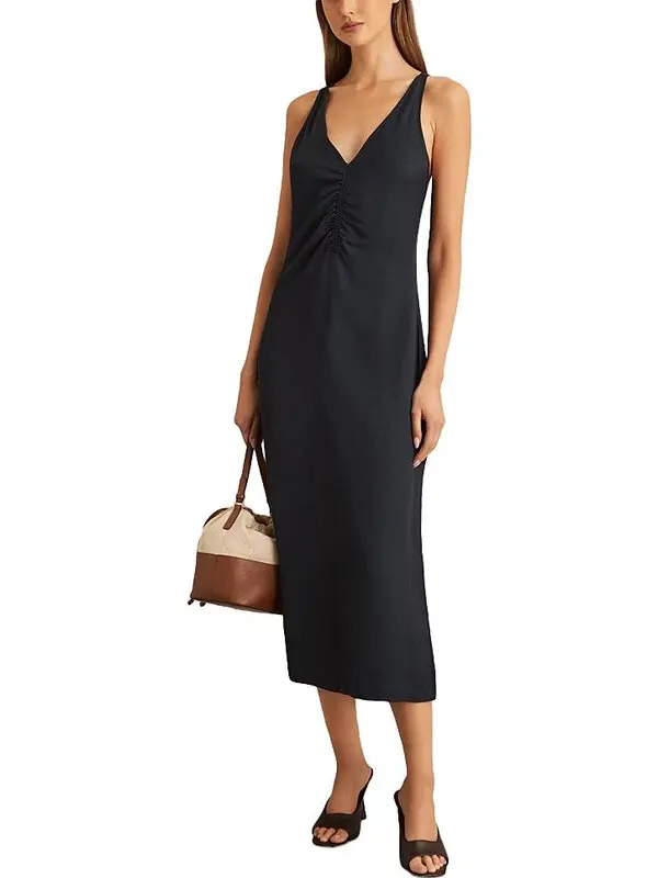 REISS Pari Ruched Midi Dress - Navy