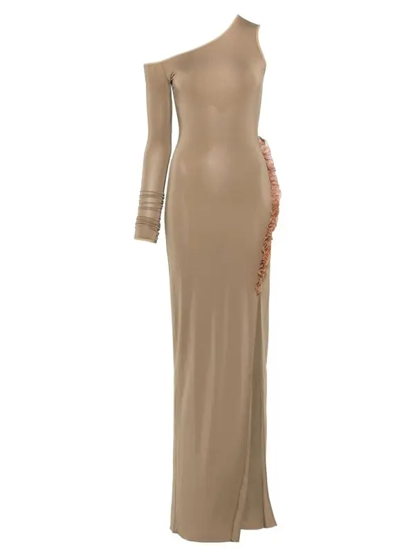 NENSI DOJAKA Frill-detail Asymmetric Maxi Dress - Brown