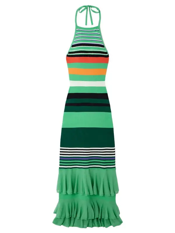 Christopher John Rogers Ruffled Striped Stretch-knit Halterneck Maxi Dress - Multi