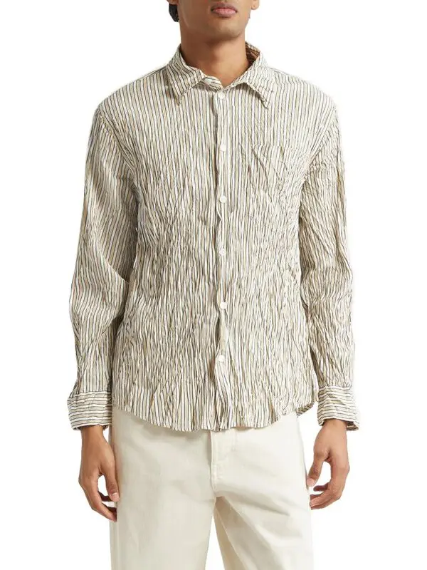Bottega Veneta Crushed Technical Cotton Poplin Button-up Shirt - 8773 Beige/ White/ Black
