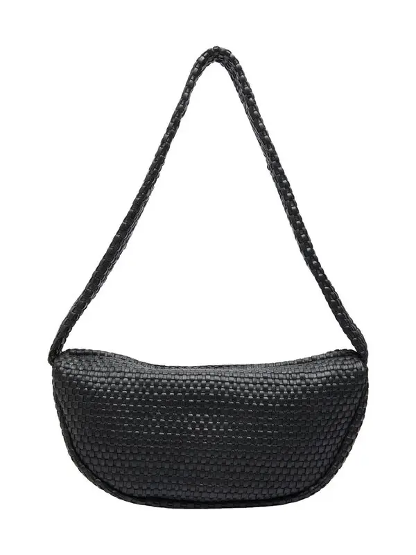 ST. AGNI Latice Weave Crescent Leather Shoulder Bag - Black